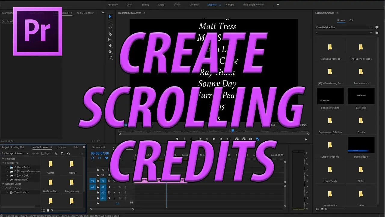 How To Create Scrolling Credits With The Text Tool In Premiere Pro 2017